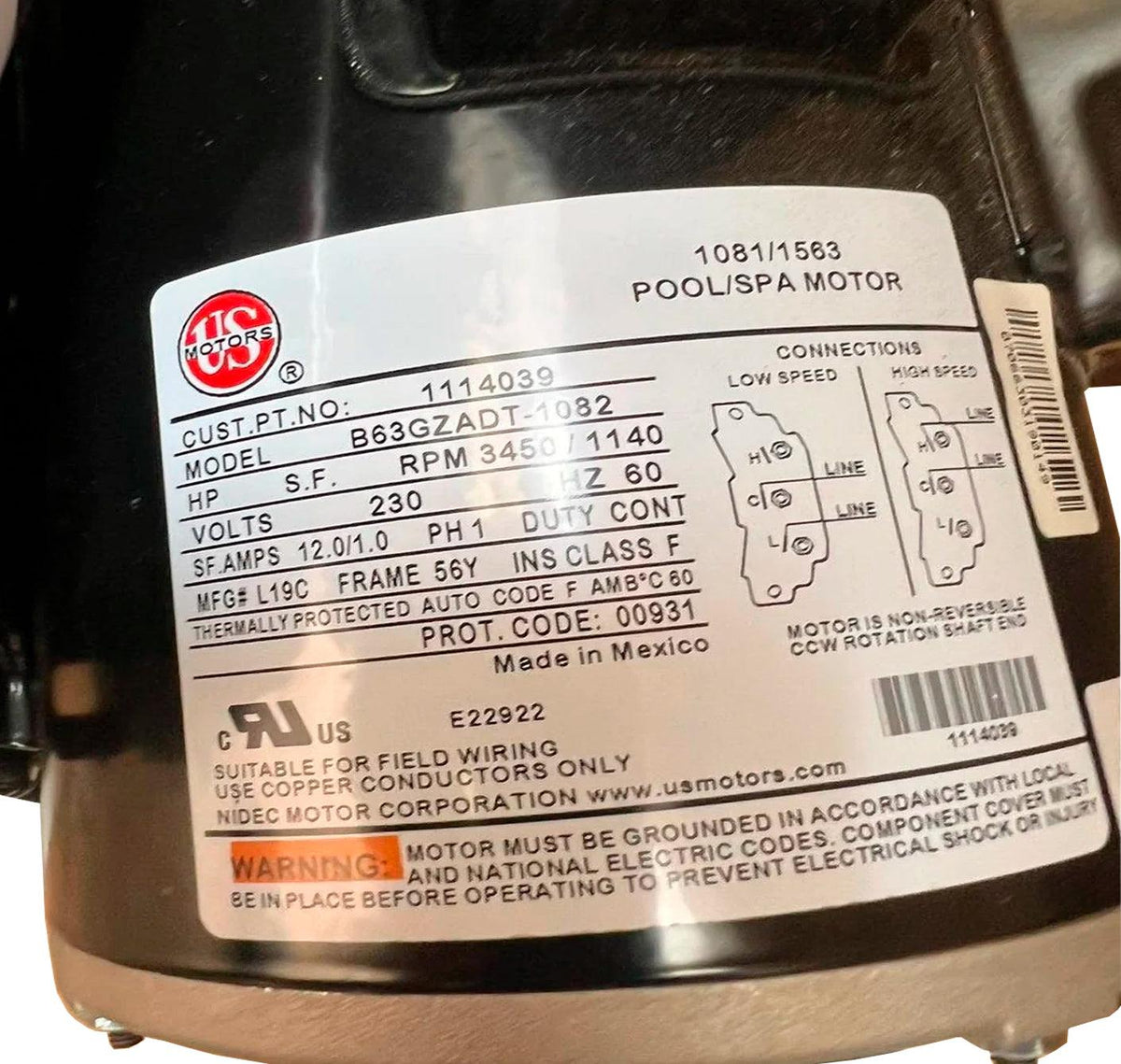 1114039 Us Motors Spa Motor B63Gzadt-1082 Model — ADVANCED TRUCK PARTS